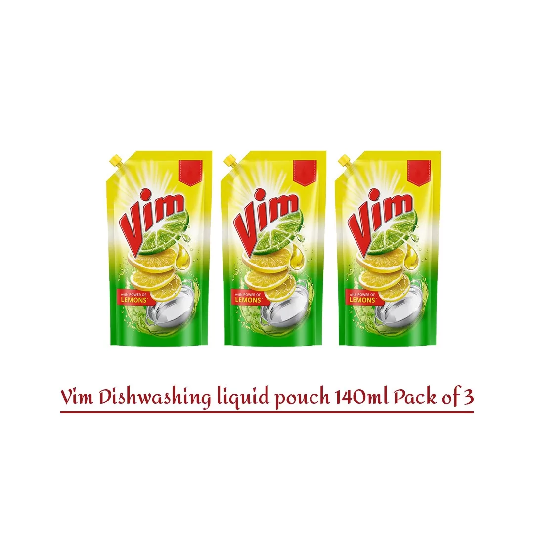 Vim Dishwashing Liquid Refill Pouch - 140ml - Pack of 3 for Grease ...