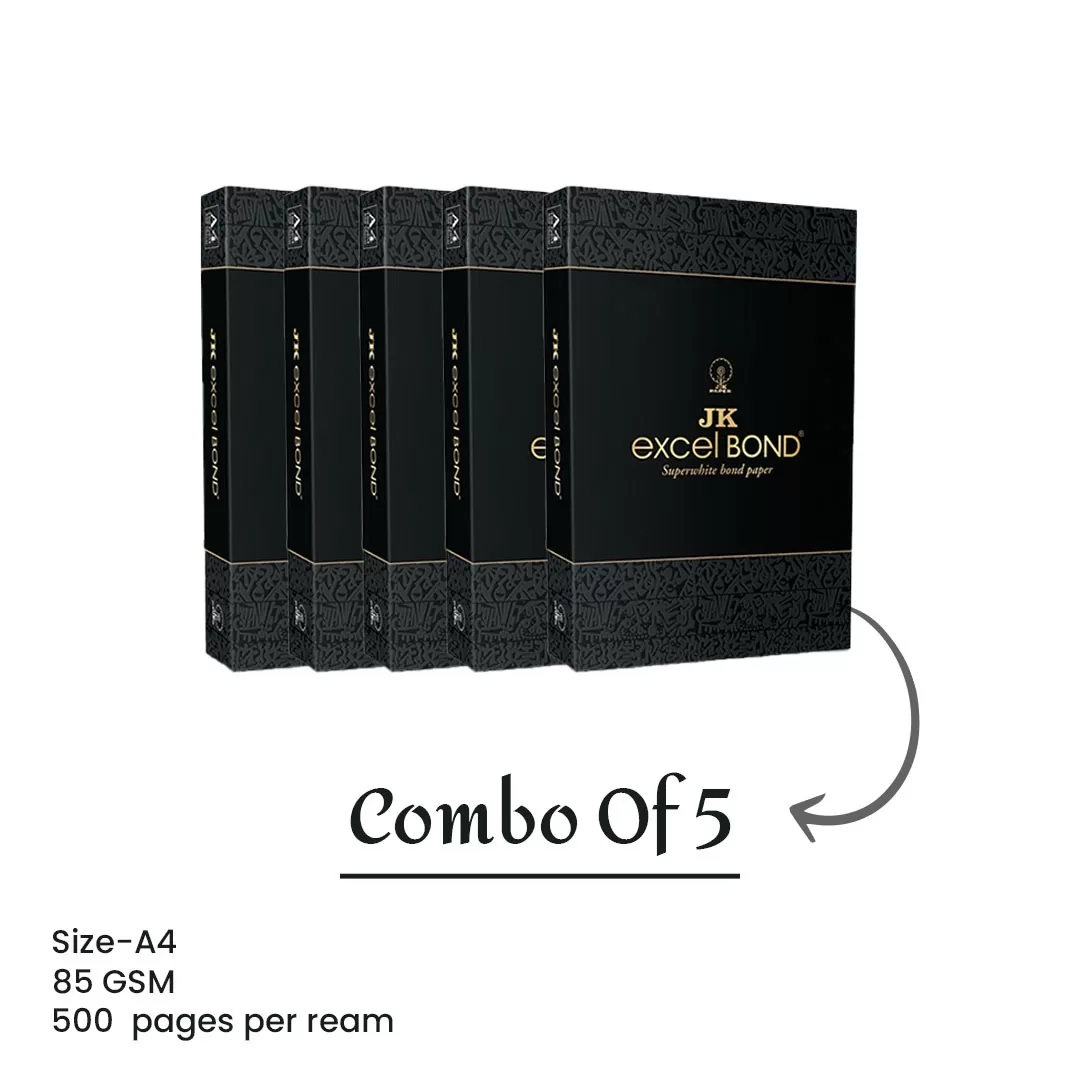 JK Excel Bond Paper A4 Size 85 GSM - 1 Ream, 500 Sheets - Pack of 5